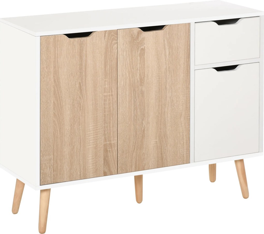 HOMCOM Moderní komoda se 3 dvířky a zásuvkou 90x30x72 cm Bílá a přírodní dřevo