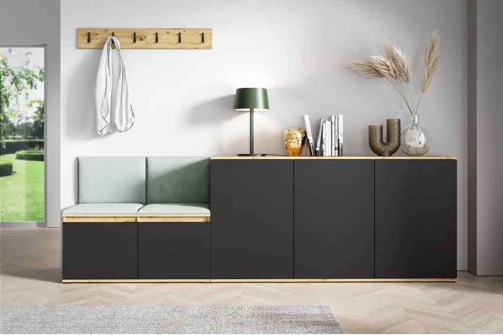 Eka Předsíňová stěna s čalouněnými panely Trinity 35 - Dub Artisan s černou / Světlá zelená 2321