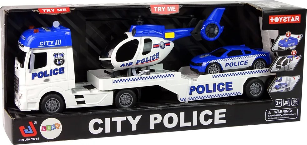 LEAN Toys Sada: Policie, odtahovka, nákladní auto, autíčko, vrtulník, zvuky, světla