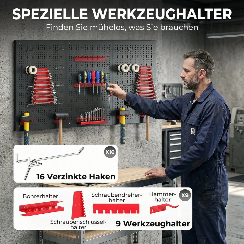 HOMCOM nástěnný pegboard 3×60 × 40 cm, 28dílný držák nářadí s háčky a přihrádkami, černá/červená