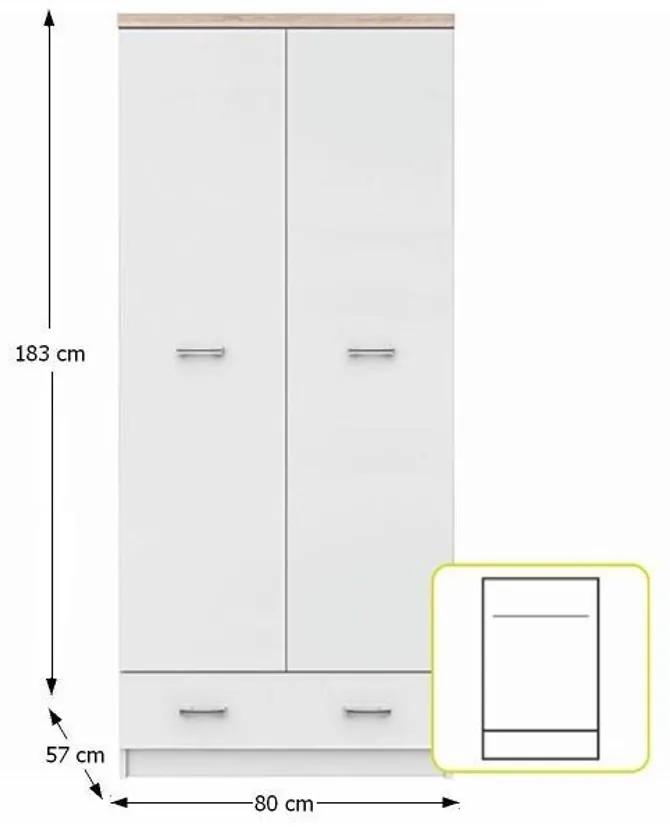 Dvoudveřová skříň 2D1S se zásuvkou, DTD laminovaná, bílá / dub sonoma, TOPTY