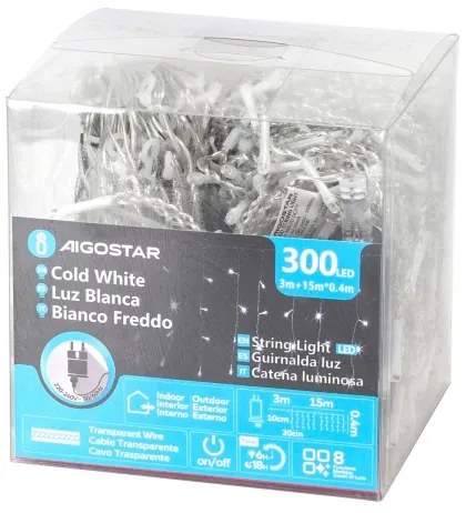 Aigostar - LED Venkovní řetěz 300xLED/8 funkcí 15x0,4 m IP44 stud bílá