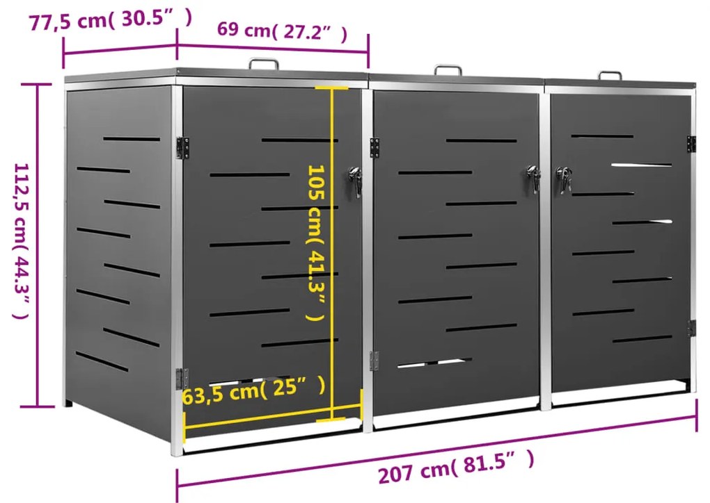 vidaXL Marketos Přístřešek na tři popelnice 207 x 77,5 x 112,5 cm nerezová ocel