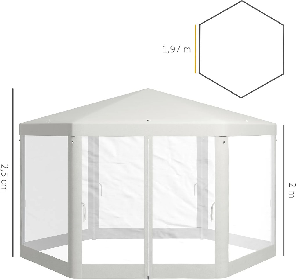 Outsunny Pavilon 4x3m Hexagonální Voděodolný Stabilní Zimní Pavilon s Moskytiérou a 6 Bočními Panely pro Zahradní Akce, Krémová