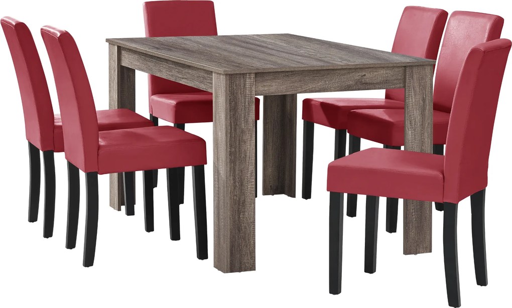 [en.casa] Jídelní set 1x jídelní stůl "Nora" HTFU-1402 dub tmavý a 6x jídelní židle HTMY-9702 tmavě červená