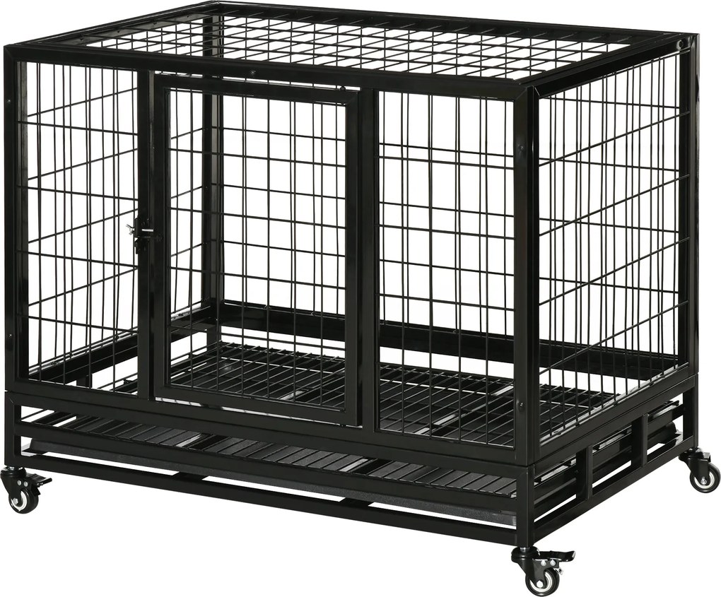 PawHut Metalová klec pro psy s kolečky a brzdami, odnímatelný zásobník a dvířka s pojistkou pro zlatého retrívra labradora 92x62x75 cm Černá | Aosom