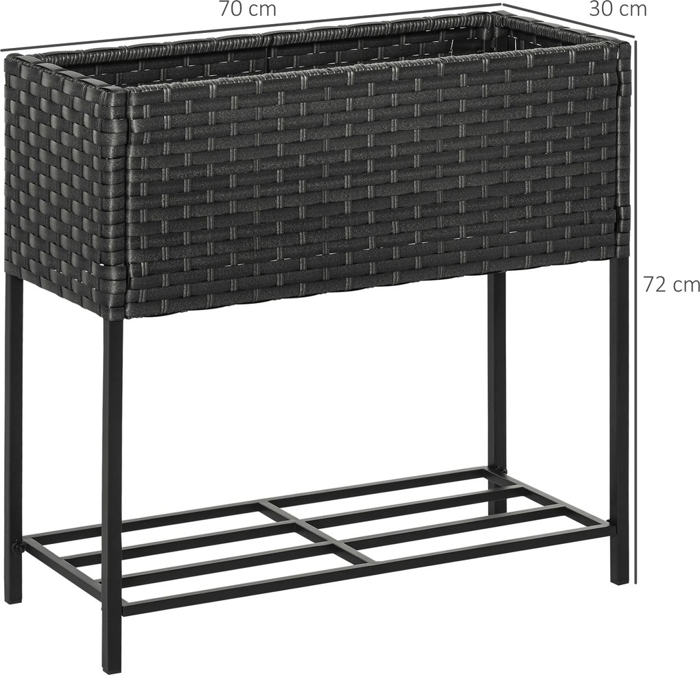 Vyvýšený záhon Outsunny z polyratanu s nožičkami a policí, 70 x 30 x 72 cm, hnědý pro zahradu balkon terasu | Aosom.de