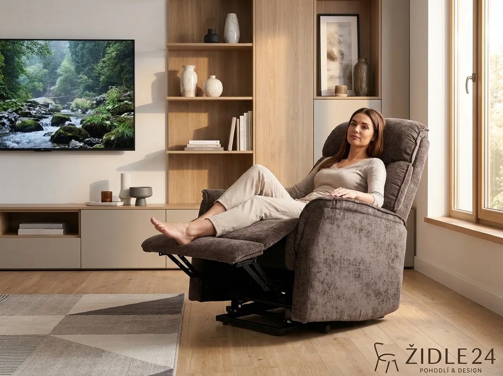 Elektrické polohovací TV křeslo VOJO - hnědá látka / masážní / vyhřívací funkce