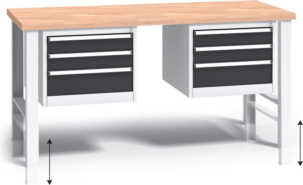 Výškově nastavitelný pracovní stůl do dílny G3 se 2 závěsnými boxy na nářadí, buková spárovka, 6 zásuvek, 1700 x 685 x 840 - 1050 mm, grafit