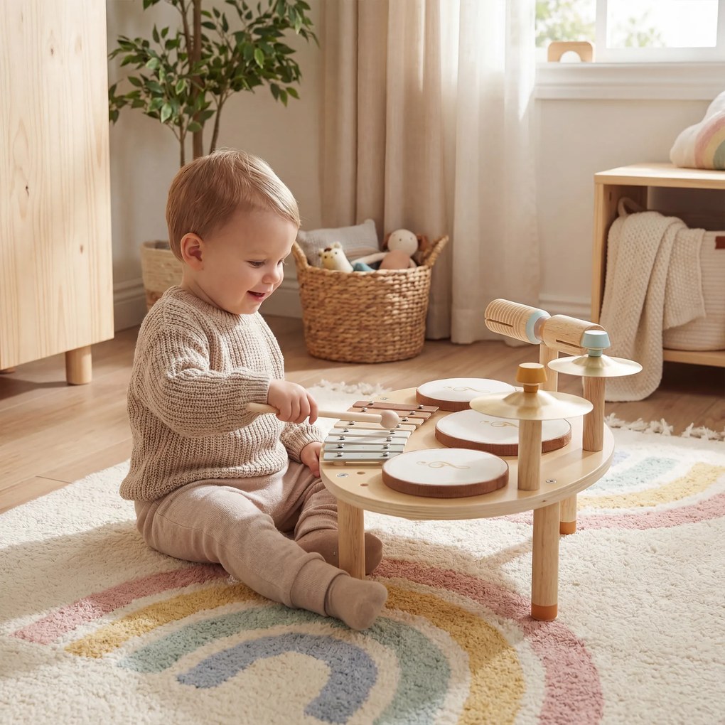 AIYAPLAY dětské bicí 4-v-1 Montessori sada hudebních nástrojů s bubny, xylofonem a perkusními nástroji pro děti od 2 let