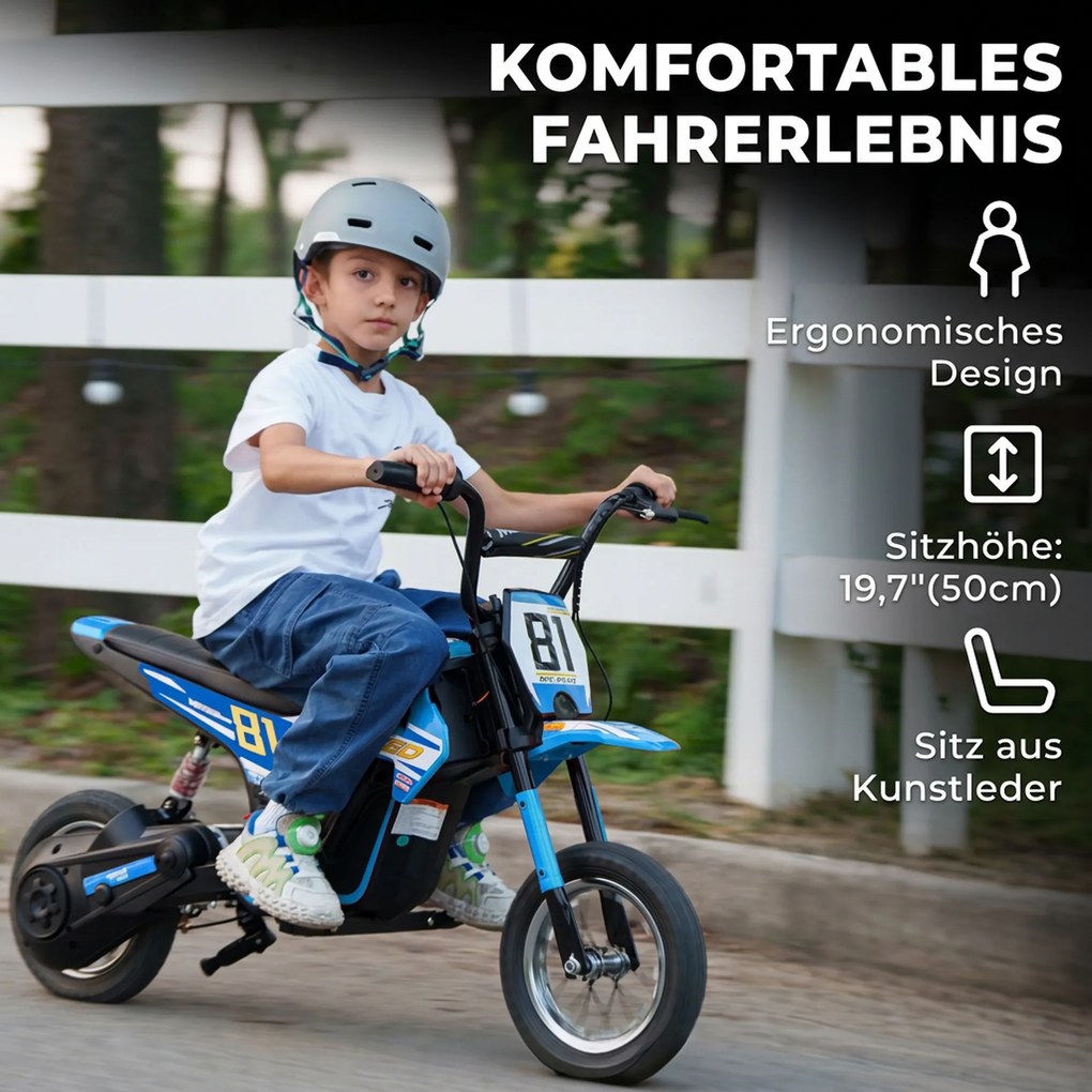AIYAPLAY Elektrická motorka pro děti 24 V dětský motokros s 250W motorem, 7Ah baterie, zadní odpružení, kotoučová brzda, 16 km/h, 8–12 let