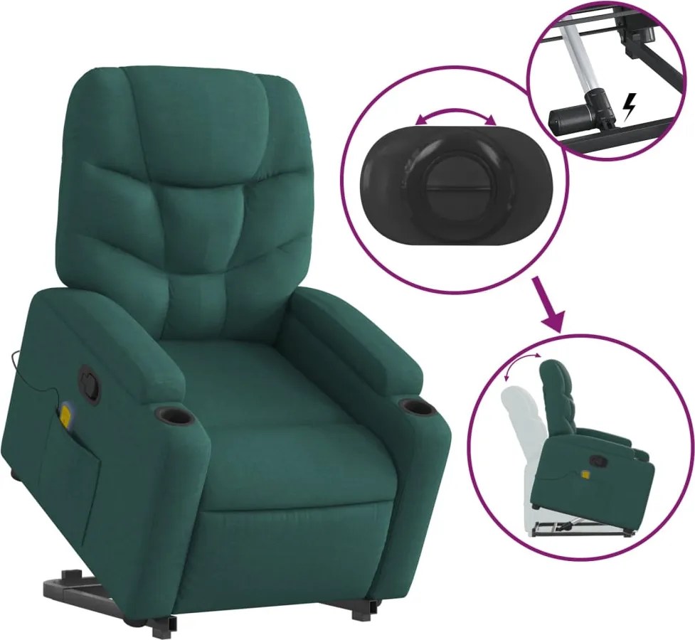 Zvedací masážní polohovací křeslo tmavě zelené textil 3204614