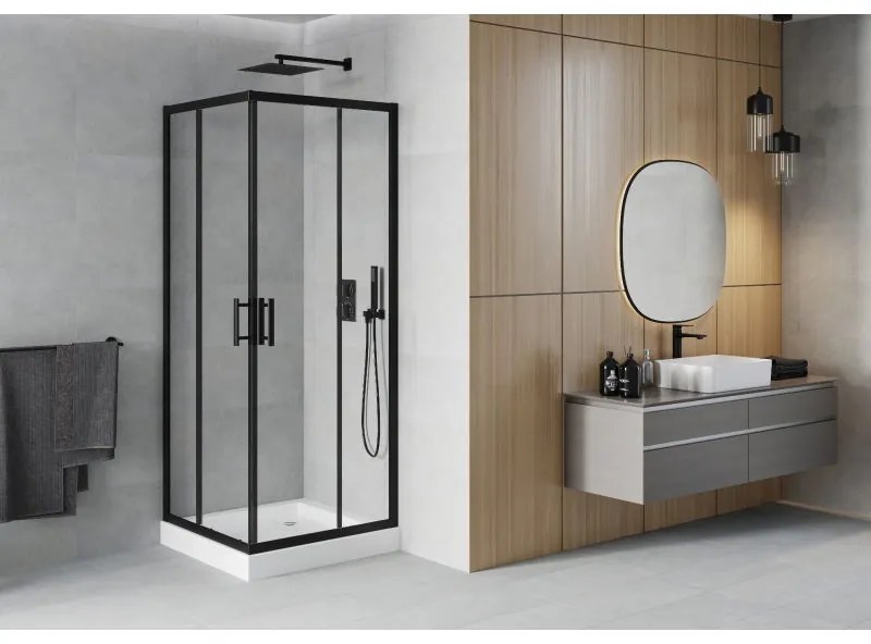 Mexen Rio, čtvercový sprchový kout s posuvnými dveřmi 70 x 70 cm, 5mm čiré sklo, černý profil + bílá vysoká vanička Rio, 860-070-070-70-00-4510