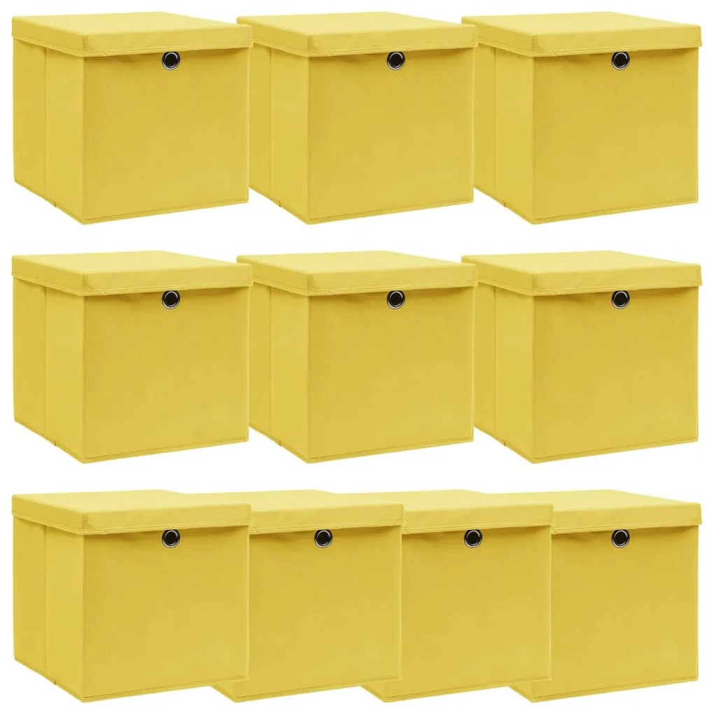 Úložné boxy s víky 10 ks žluté 32 x 32 x 32 cm textil