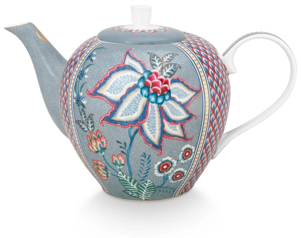 Pip Studio Flower Festival velká čajová konvice 1,6l, modrá (Čajová konvice z tenkostěnného porcelánu)
