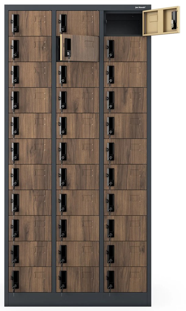 Depozitní skříňka s 33 uzamykatelnými boxy, bílá antracit/ořech, 900x1850x450 mm: OLIVER Eco Design
