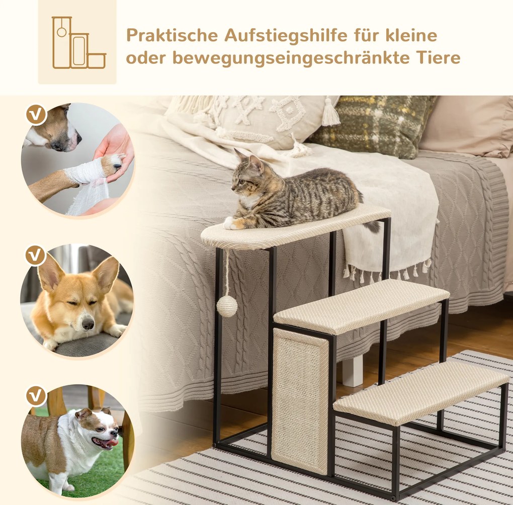 PawHut schody pro domácí mazlíčky 3stupňové schody pro kočky schody pro psy se škrabadlem a míčem na hraní z oceli a sisalu 51x54x53cm pro kočky a ps…
