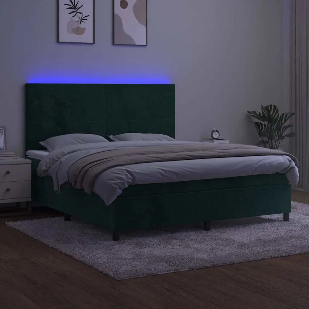 Box spring postel s matrací a LED tmavě zelená 160x200 cm samet 3136014