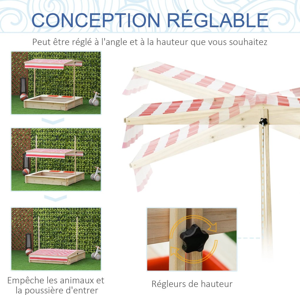 Square Wooden Sandpit Outsunny 1,18L x 1,18W x 1,18H m - Nastavitelná výška, sklon střechy, uzavíratelný - 2 vaničky - Autoklávované jedlové dřevo | A