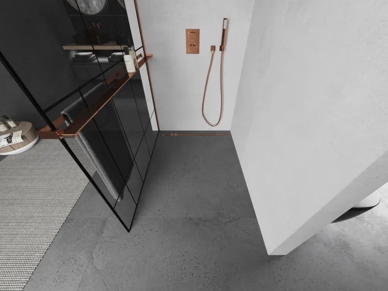 Mexen Kioto+ L, sprchová zástěna Walk-In s poličkou a věšákem 70 x 200 cm, 8mm čiré sklo černý vzor, růžové zlato profil, 800-070-123-60-78