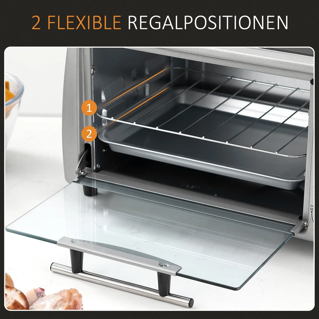 HOMCOM Elektrická trouba 10L, nastavitelná teplota a časovač, gril a pánev v balení, 750W, 36.5x26x22cm, stříbrno-černá