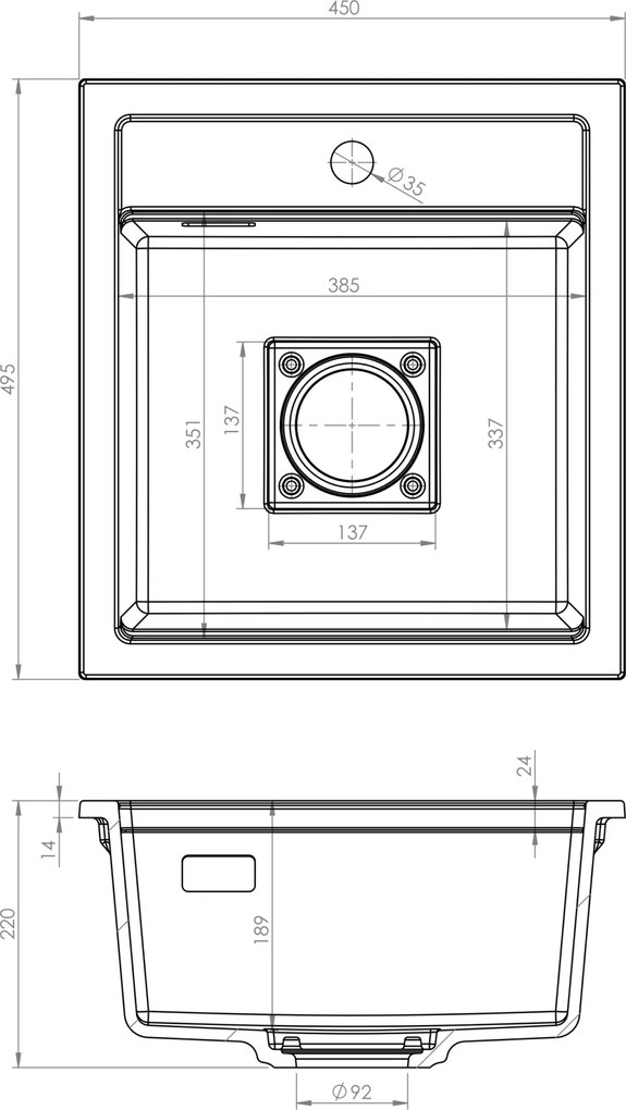 Gamma Quadro 4550, 1-komorový granitový dřez 450x495x220 mm, černá skvrnitá, GMA-ZLE000218