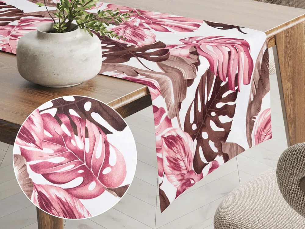 Biante Bavlněný běhoun na stůl Sandra SA-227 Hnědé a starorůžové tropické listy na bílém 20x180 cm