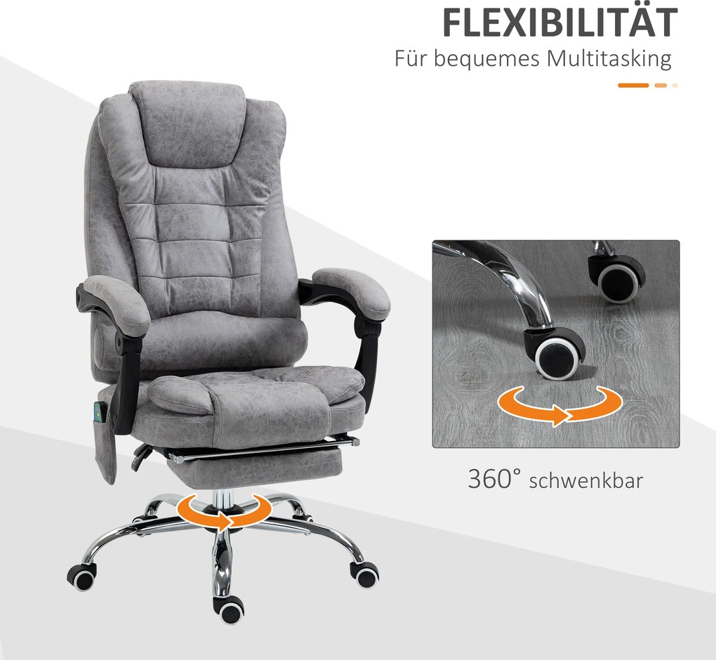 Vinsetto Masážní Hřejivá Kancelářská Židle Ergonomická S Nastavitelnou Výškou A Sklopným Opěradlem Z Mikrovlákna Šedá