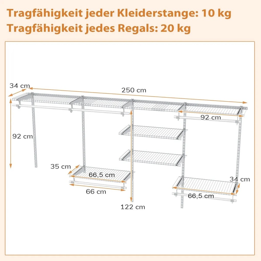 Costway Otevřená skříň 122 - 244 cm Rozšiřitelná nástěnná Úložný systém