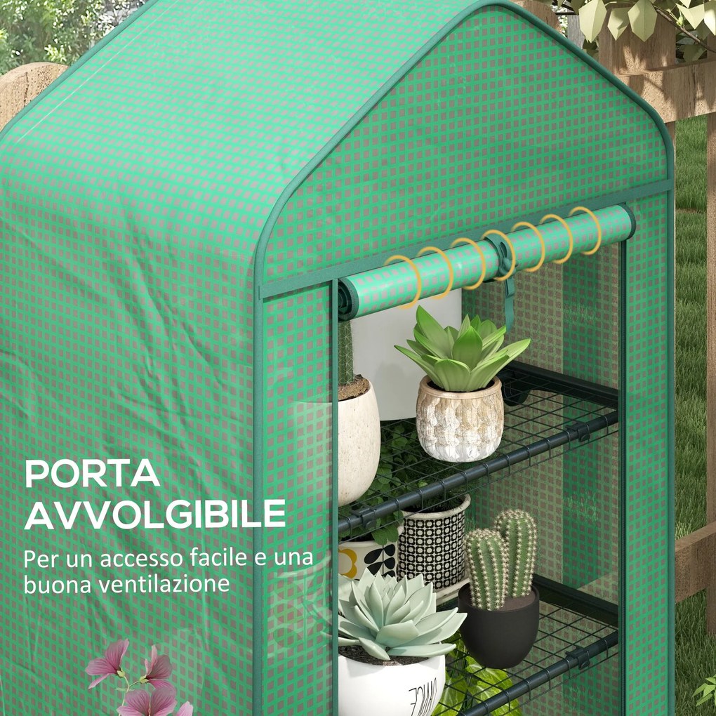 Outsunny skleník na rostliny s 4 policemi a roll-up dveřmi, malý kovový a PE skleník, 69x49x158 cm, tmavě zelený