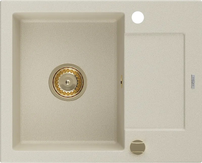 Mexen Enzo, granitový dřez 576x465x174 mm, 1-komorový, béžová se zlatým sifonem, 6506571005-69-G