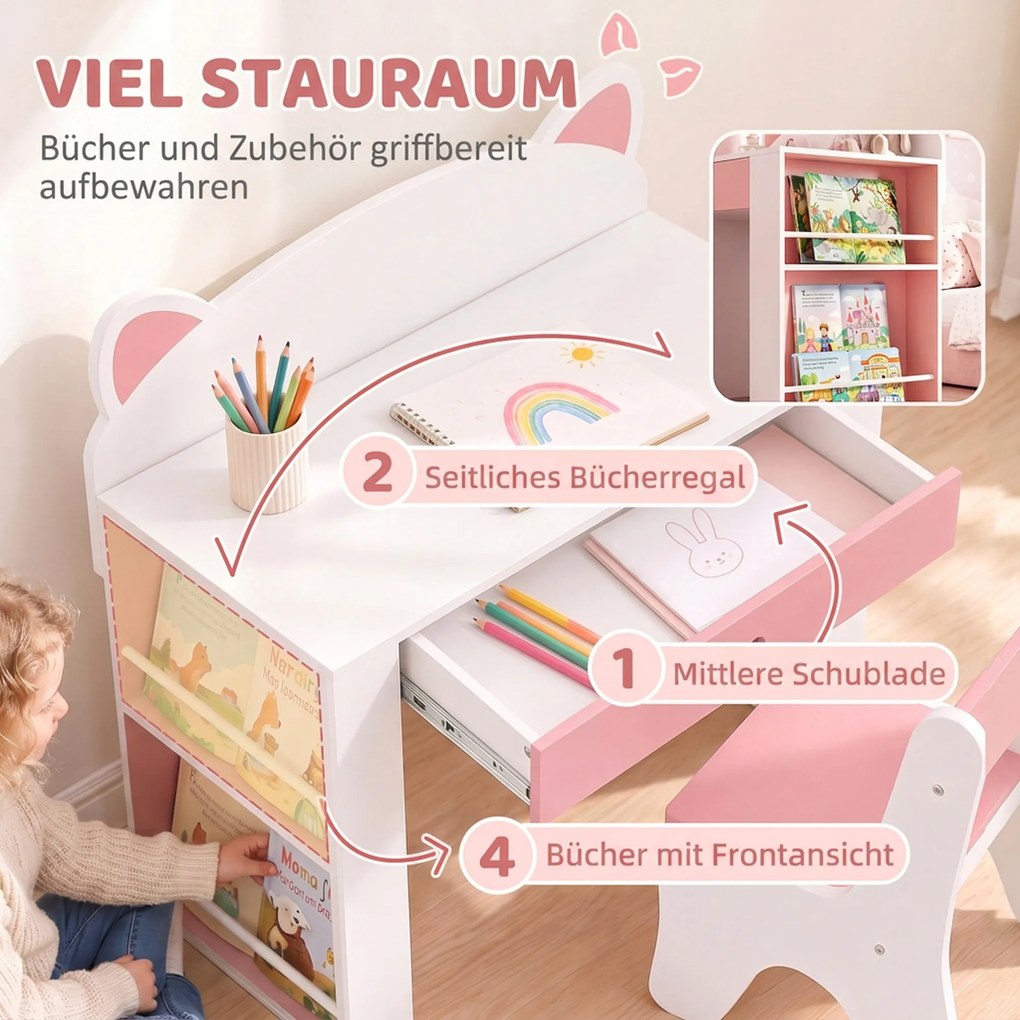 AIYAPLAY dětský stůl se židlí 2dílná dětská sezení s knihovnou a zásuvkou, design liška pro děti 3-8 let, bílo+růžové