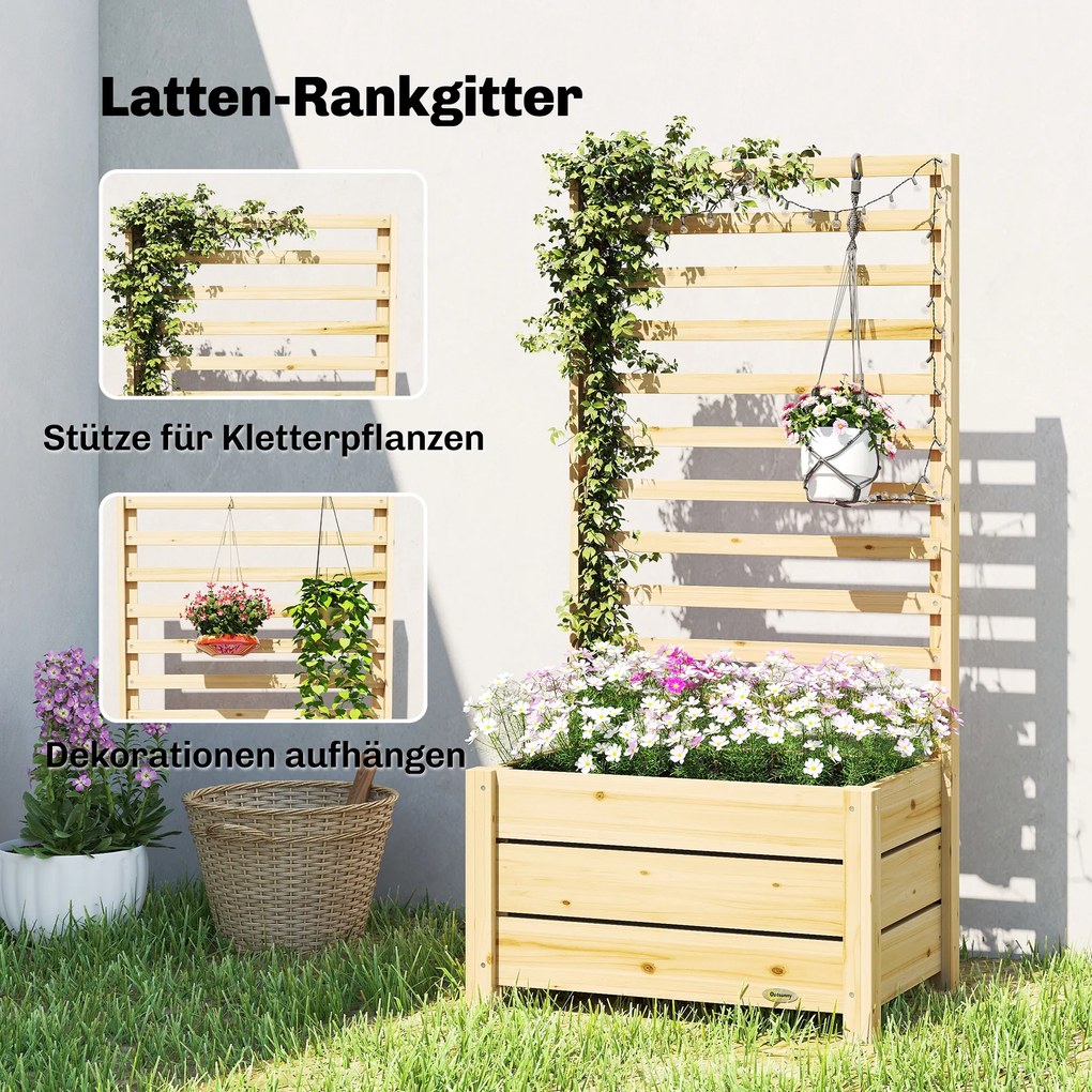 Vyvýšený truhlík Outsunny s mříží — přírodní smrkové dřevo, odtokový otvor, netkaná vložka, 60 x 39 x 120 cm