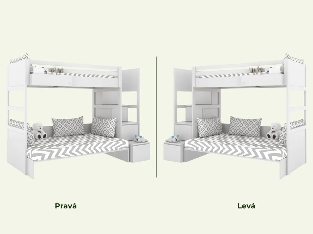 Bílá patrová postel se dvěma lůžky SIMONE s úložnými schody a policí 90x200 cm, 120x200 cm Zvolte šuplík: Bez šuplíku, Zvolte stranu: Vlevo