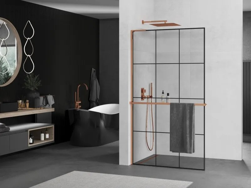 Mexen Kioto+ L, sprchová zástěna Walk-In s poličkou a věšákem 110 x 200 cm, 8mm čiré sklo černý vzor, ​​růžové zlato profil, 800-110-123-60-77