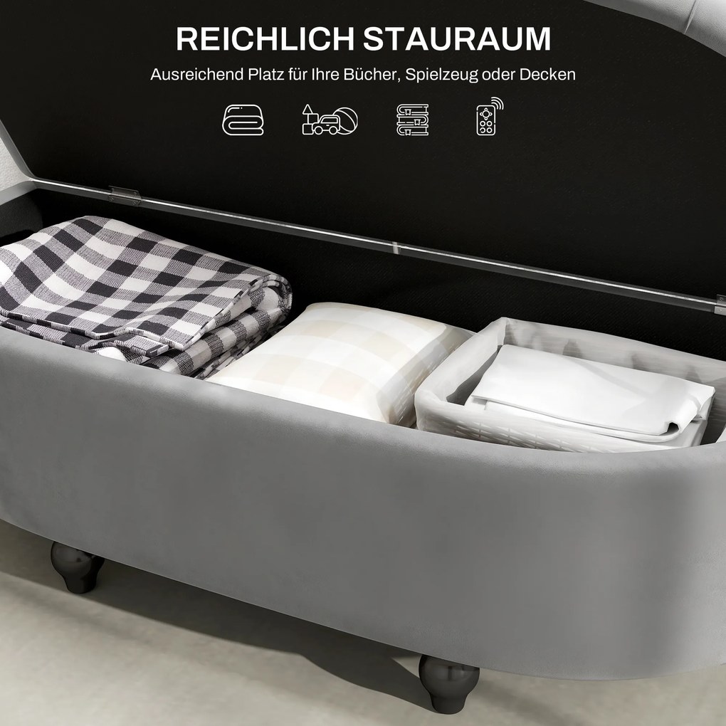 HOMCOM Lavice s úložným prostorem a otevřeným víkem, čalouněná lavice z materiálu Velvet-Touch, kaučukovník, tmavě šedá, 120x46x42cm do ložnice a pře…