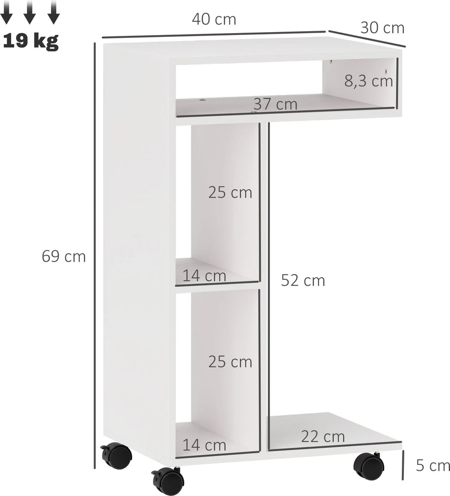 HOMCOM C-Shape Noční Stolík se 4 Policemi, Kolečky, Konferenční Stolek, Stolek do Obývacího Pokoje pro Laptop 40 x 30 x 69 cm Bílý