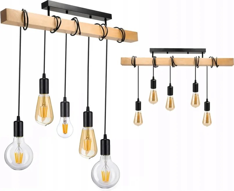 Dřevěná závěsná stropní lampa Lustr Zwis Loft Černá pro 5x E27