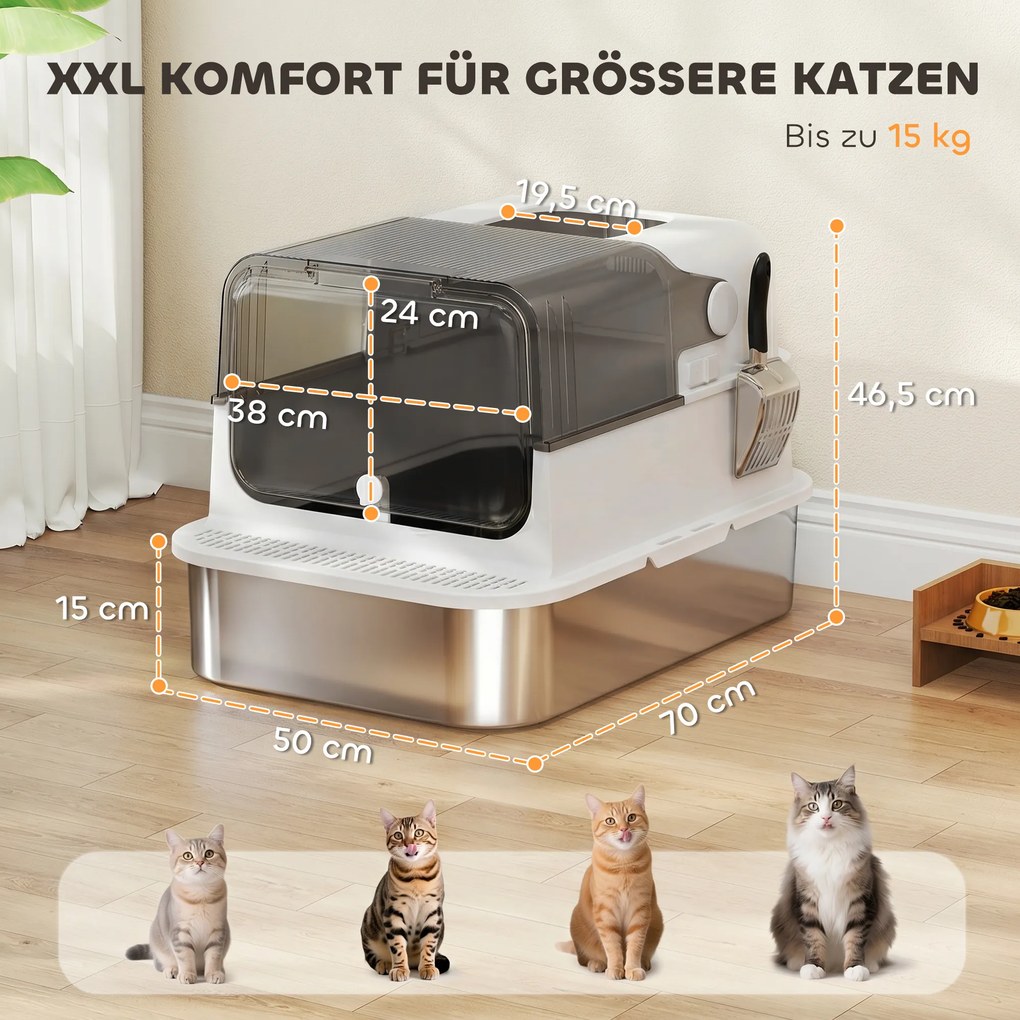 PawHut XXL nerezová uzavíratelná toaleta pro kočky – sklápěcí víko, vysoké boky, horní vstup, lopatka, kontrola zápachu, snadné čištění, nepropustná,…