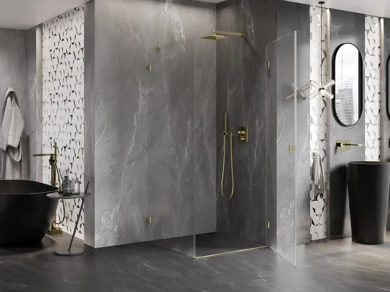 Mexen Lunar-B, výklopný sprchový kout pravý 100 x 100 cm, 8mm čiré sklo, zlatý kartáčovaný - 832-100-100-55-00-P