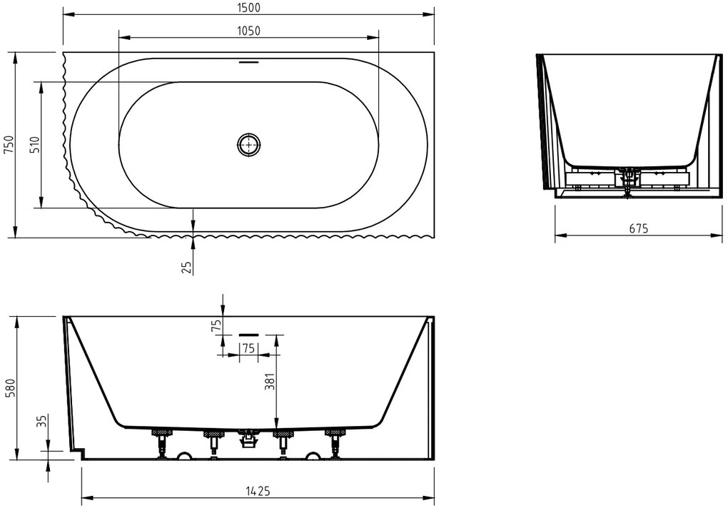 Mexen Gia, volně stojící rohová vana, drážkovaná, pravá, 150 x 75 cm, bílá lesklá, 52701507500P-SS