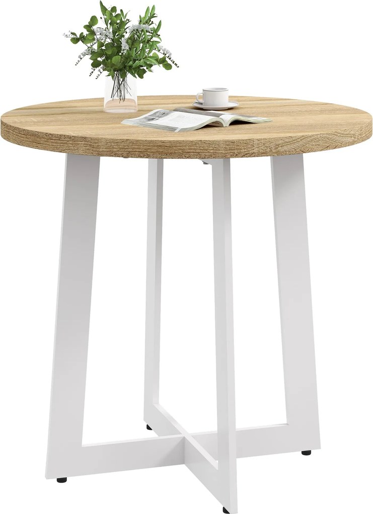 HOMCOM Kulatý Jídelní Stůl pro 4 Osoby Moderní Kuchyňský Stůl s Dřevěnou Deskou a Křížovou Ocelovou Základnou pro Jídelnu Ø80x75 cm Ořech | Aosom