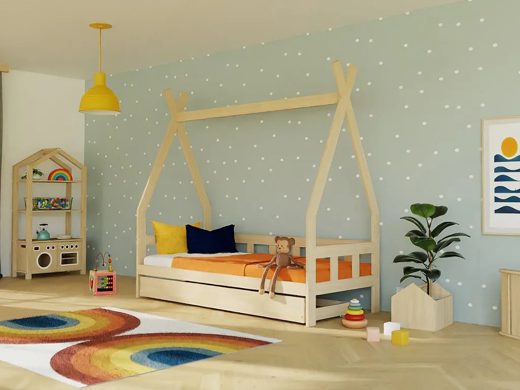 Benlemi Dětská teepee postel FENCE 4v1 ze dřeva se zábranou a úložným šuplíkem Zvolte barvu: Béžová, Zvolte rozměr: 90x180 cm, Zvolte zábranu: S jednou zábranou
