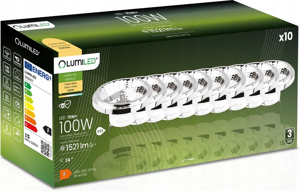 10x Led žárovka G53 AR111 15W 100W 1521lm 3000K 24° 12V Stříbrná Lumiled