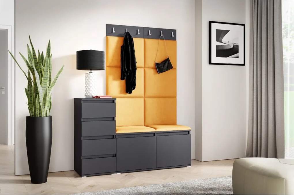 Eka Předsíňová stěna s čalouněnými panely Trinity 34 - Grafit / Hořčicová 2326