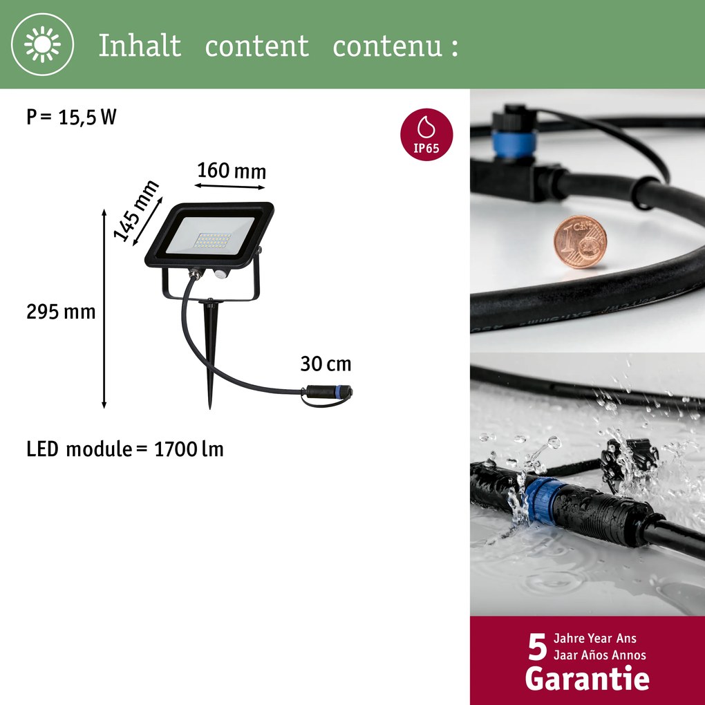 Paulmann 94575 Plug&Shine Ground Spike, zahradní reflektor LED 15,5W 3000K, černá, IP65
