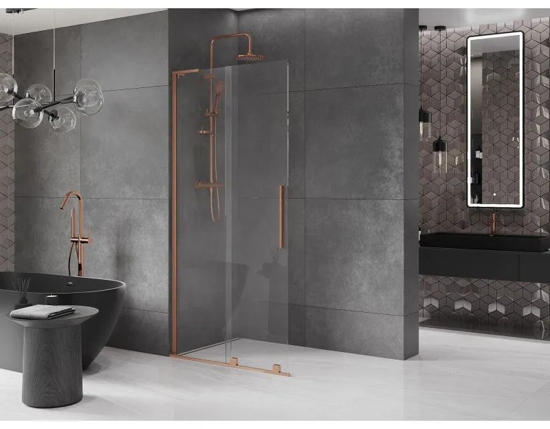Mexen Velar L, posuvná sprchová zástěna Walk-in 100 x 200 cm, 8mm čiré sklo, měděná matná, 871-100-003-03-65