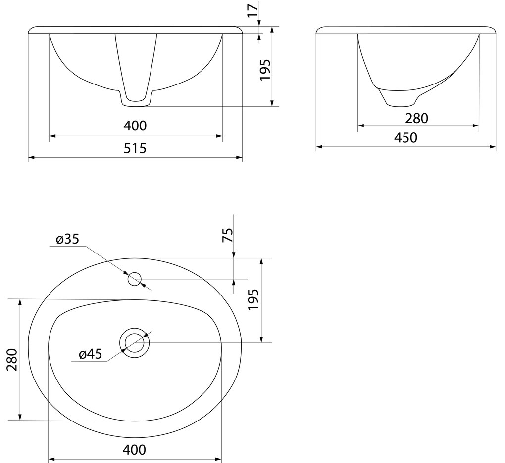 Aqualine Aqualine, Keramické umyvadlo zápustné 52x45cm, bílá, 55227