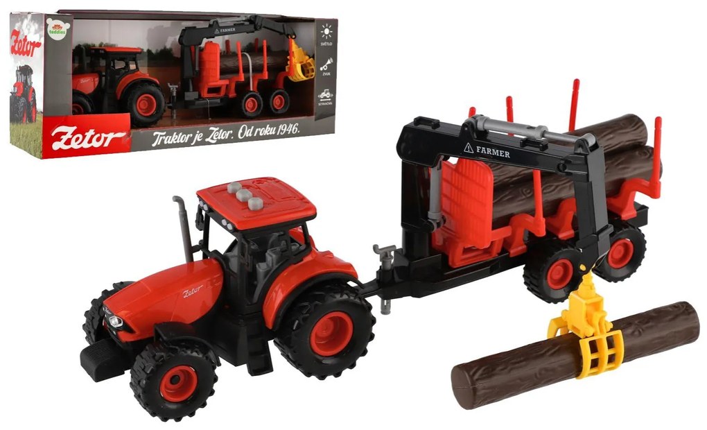 Traktor Zetor s vlekem s naklád. ramenem plast 36cm na setrvačník na bat. se svět. se zvuk. v krab.