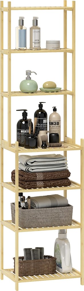 HOMCOM Koupelnová polička, 7-patrový stojací regál z bambusu do obývacího pokoje a koupelny, Přírodní, 44 x 33 x 180 cm | Aosom